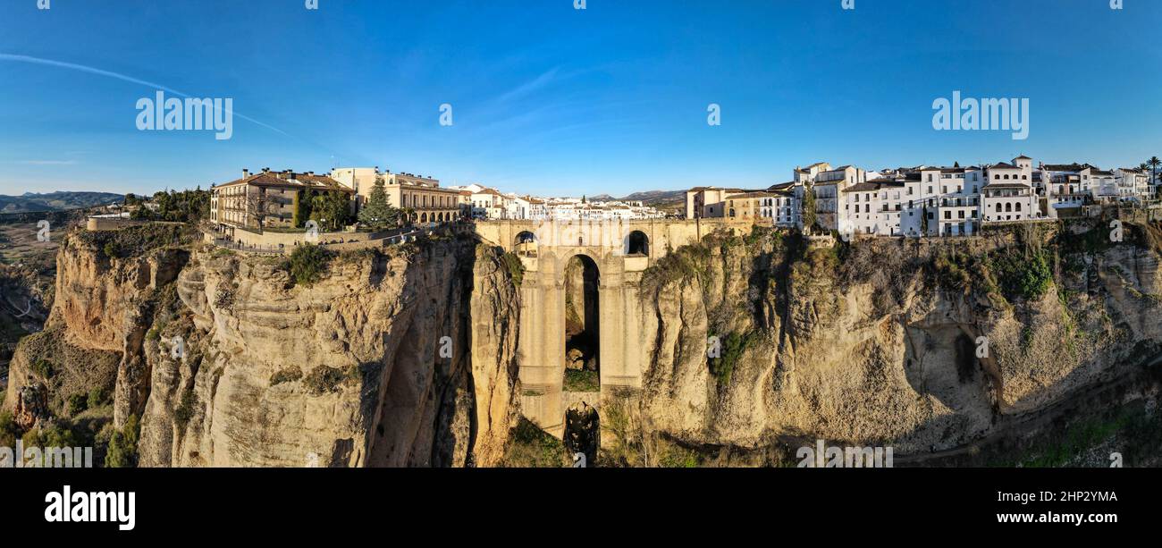 Drone view at the old bridge of Ronda on Andalusia in Spain Stock Photo ...