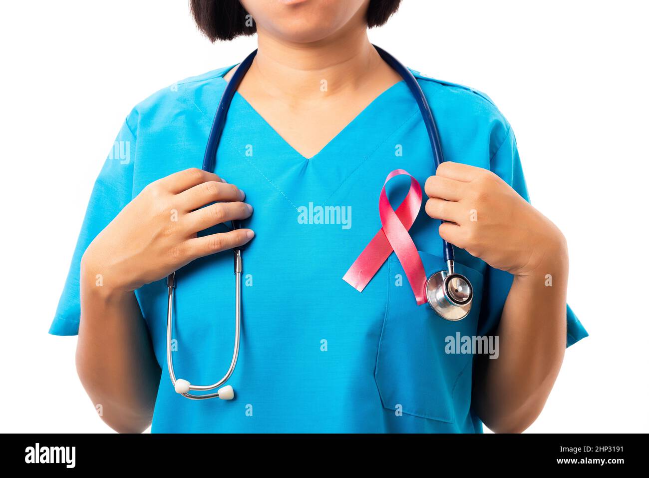 Woman nurse in clinic uniform with support HIV AIDS awareness red ...