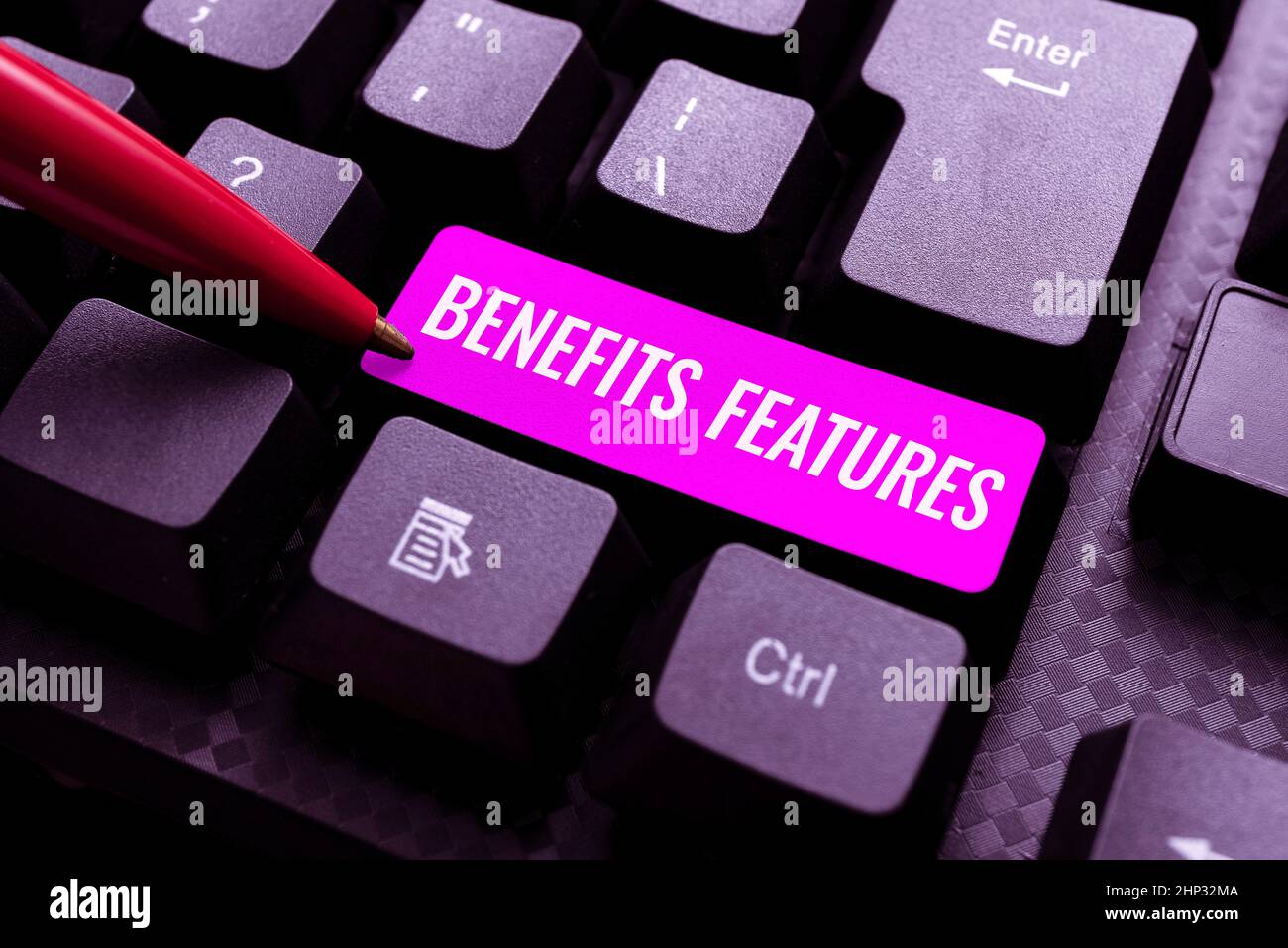Text caption presenting Benefits Features, Concept meaning Making a ...