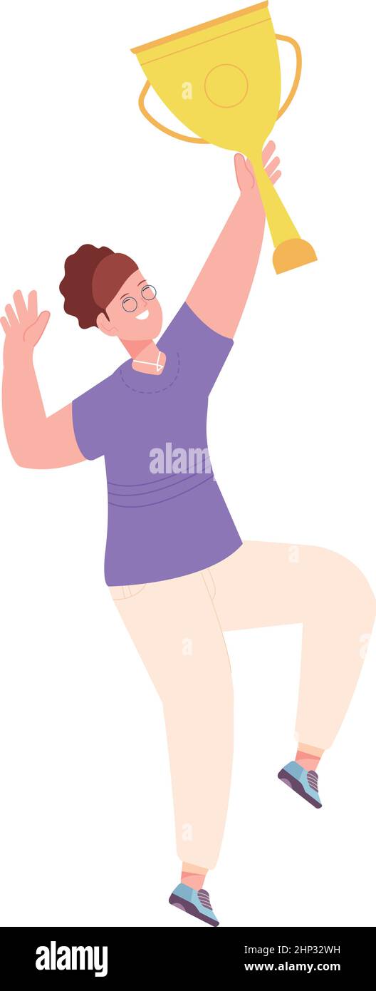 Woman with winner cup jumping. Victory triumph celebrating isolated on ...
