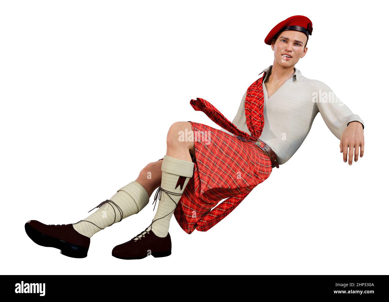 3D rendering of a young highlander wearing a traditional scottish kilt ...