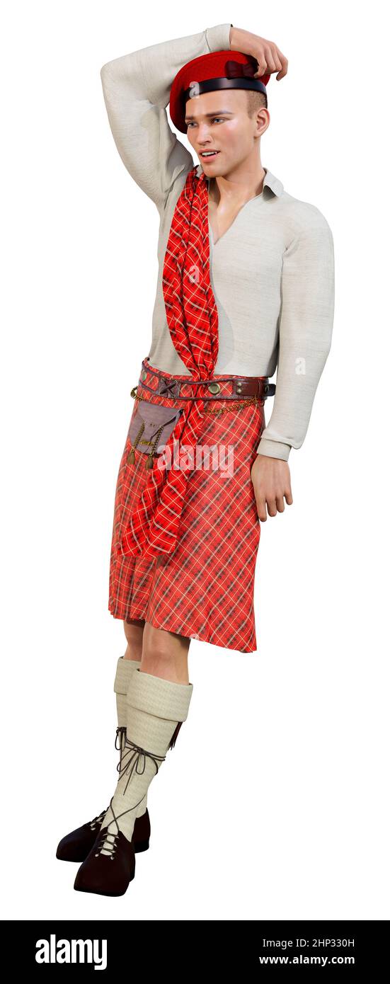 3D rendering of a young highlander wearing a traditional scottish kilt ...