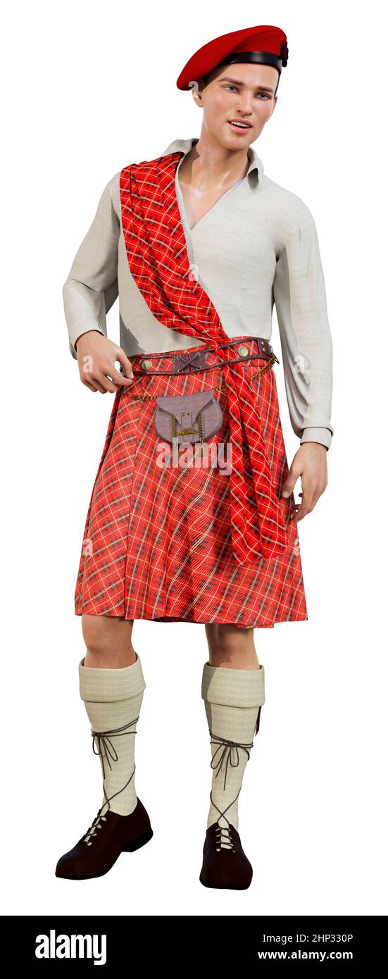 3D rendering of a young highlander wearing a traditional scottish kilt ...