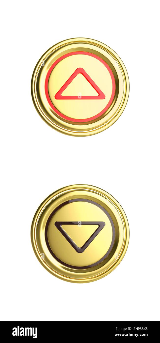 Golden elevator buttons for up and down, isolated on white background ...