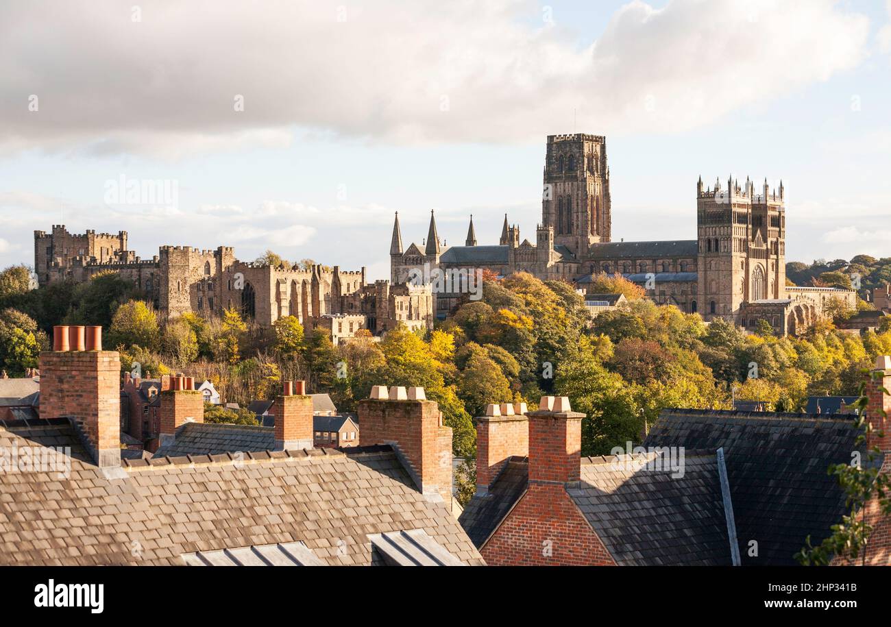 Durham castle and cathedral seen above rooftops in autumn, Durham City ...