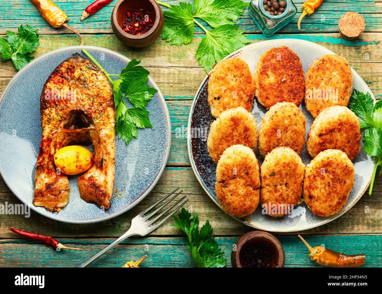 Homemade fish cutlets and tasty fish steak Stock Photo - Alamy