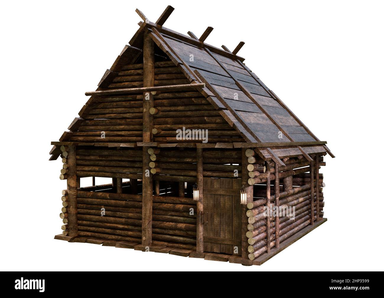 3D rendering of a viking style wooden building isolated on white ...