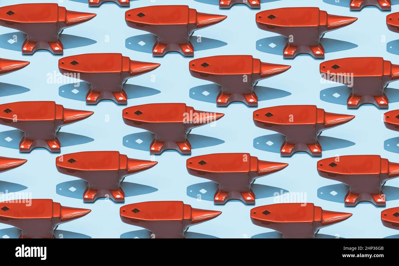 red anvils on a blue background. repetition. 3d render Stock Photo - Alamy