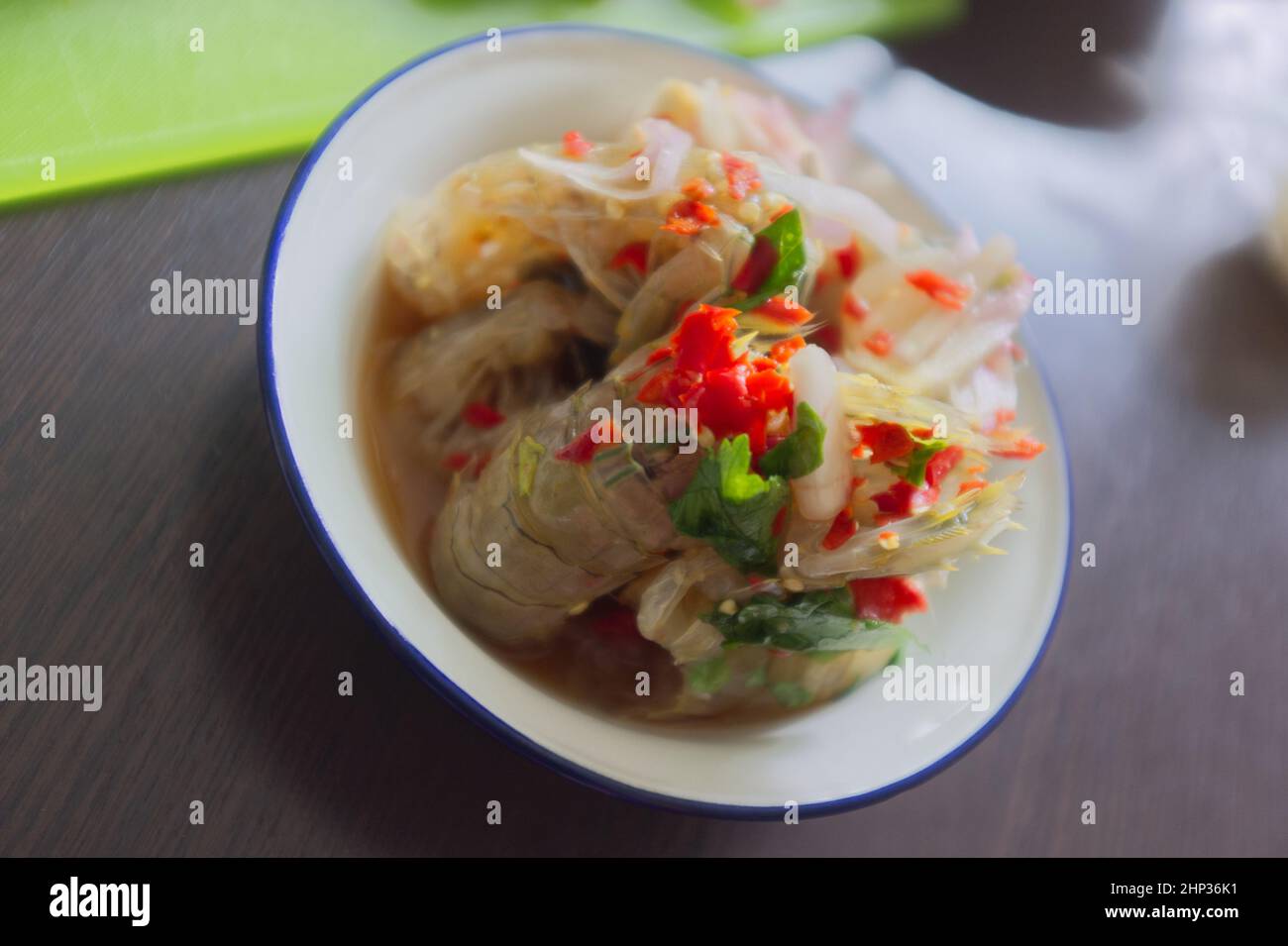 Raw mantis shrimp dressing spicy and sour fish sauce . THAI food Stock ...