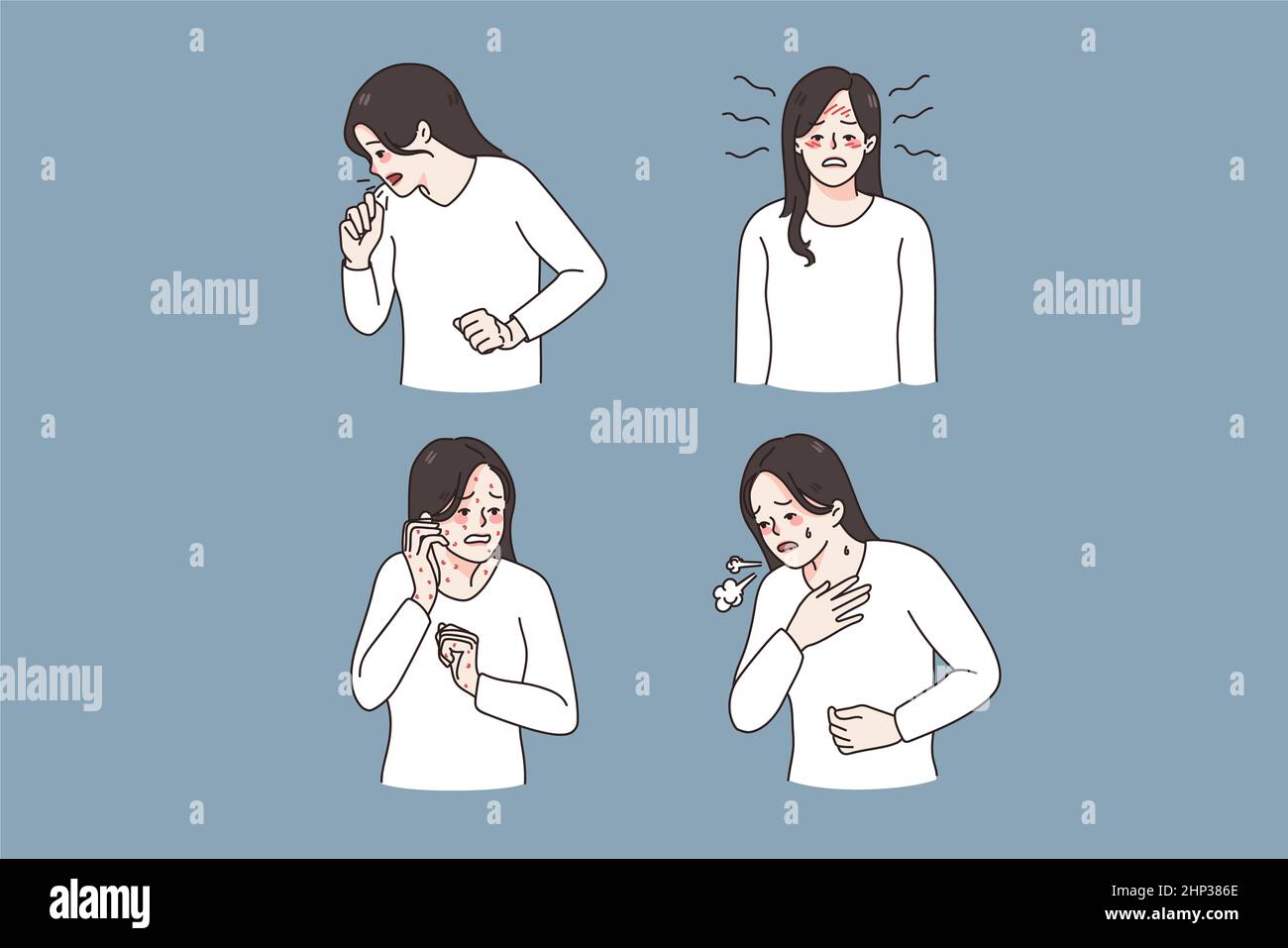 Young woman suffer from allergic reactions, cough and sweat. Unhealthy ...