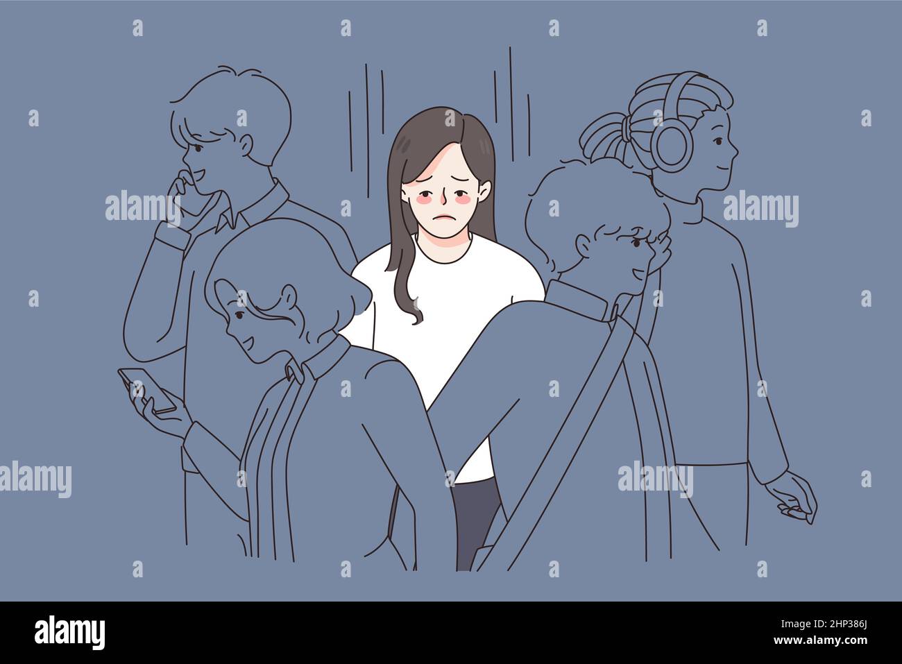 Unhappy young woman in crowd feel lonely abandoned in society. Upset ...