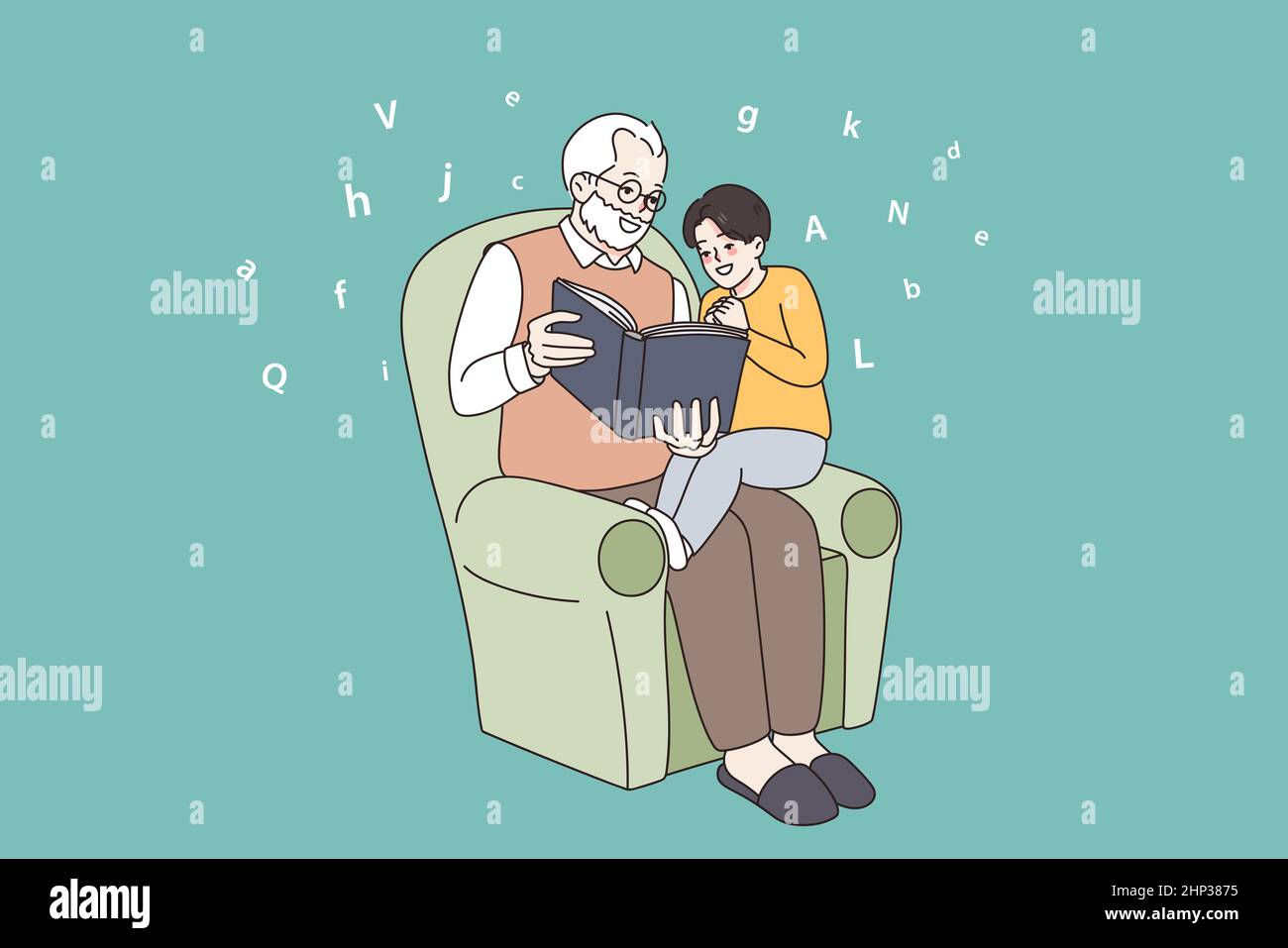 Happy mature grandfather sit in armchair reading book to little ...