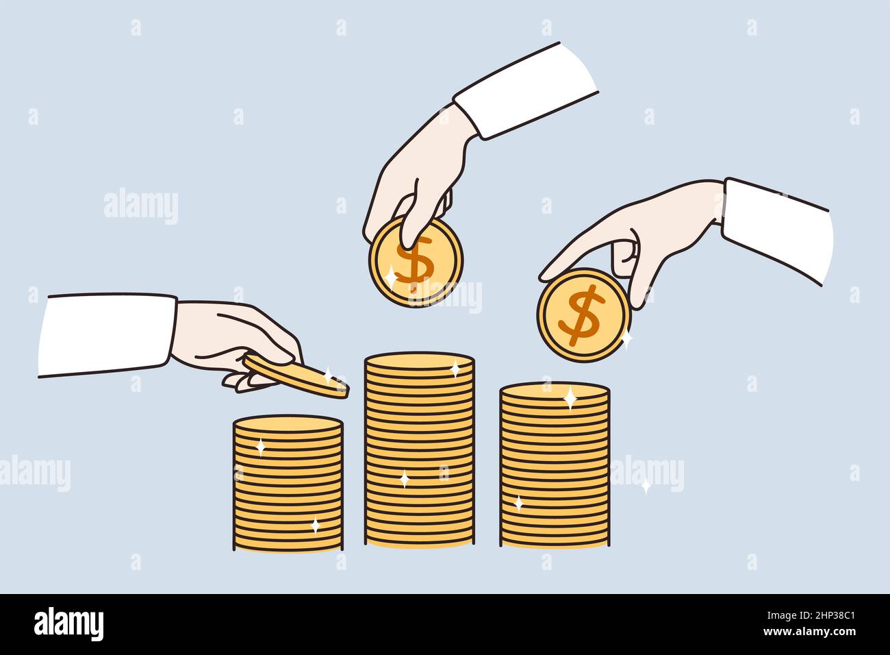 Close up of businesspeople put golden coins on stack make investment ...