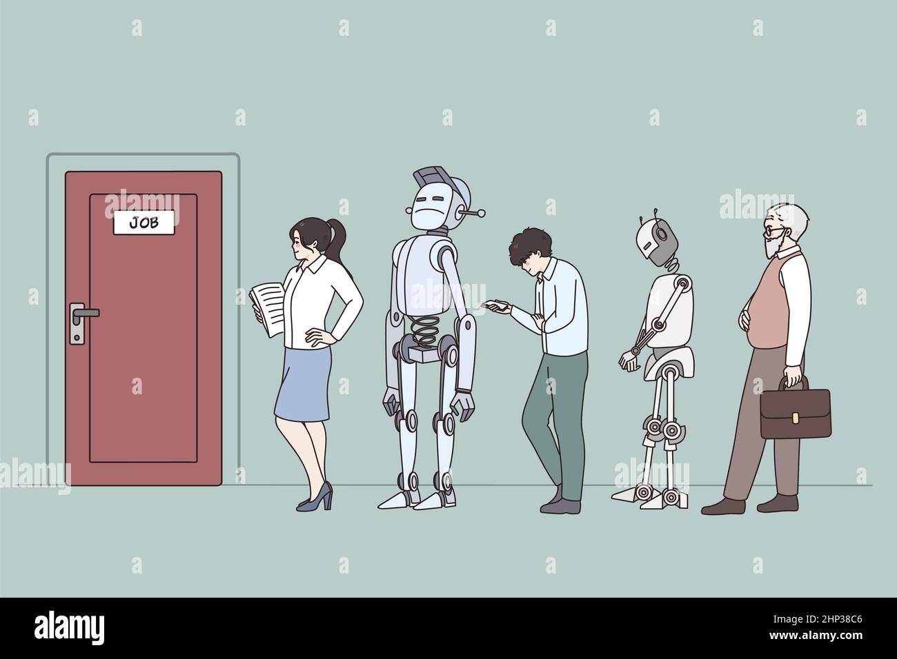 People and robots stand in line for interview compete for job position. Humanoids and human ...