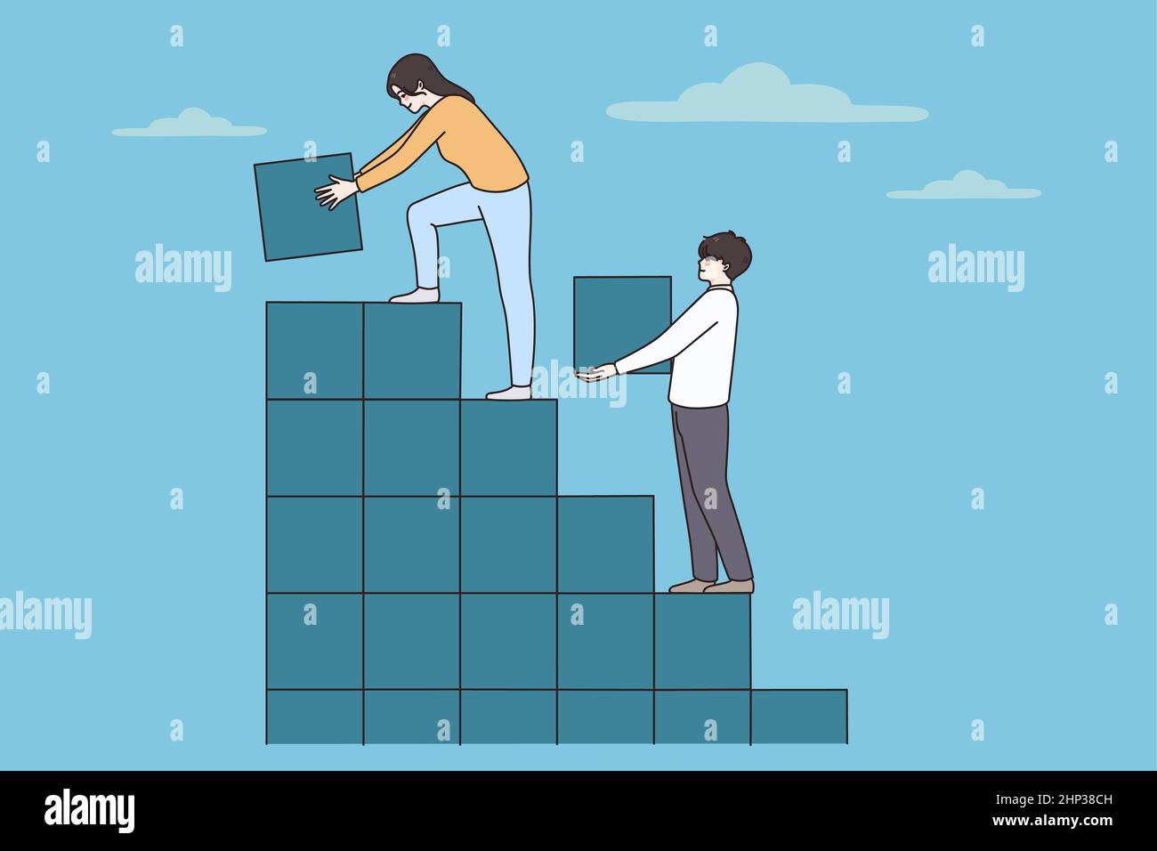 Diverse businesspeople build steps engaged in teamwork reaching goal ...