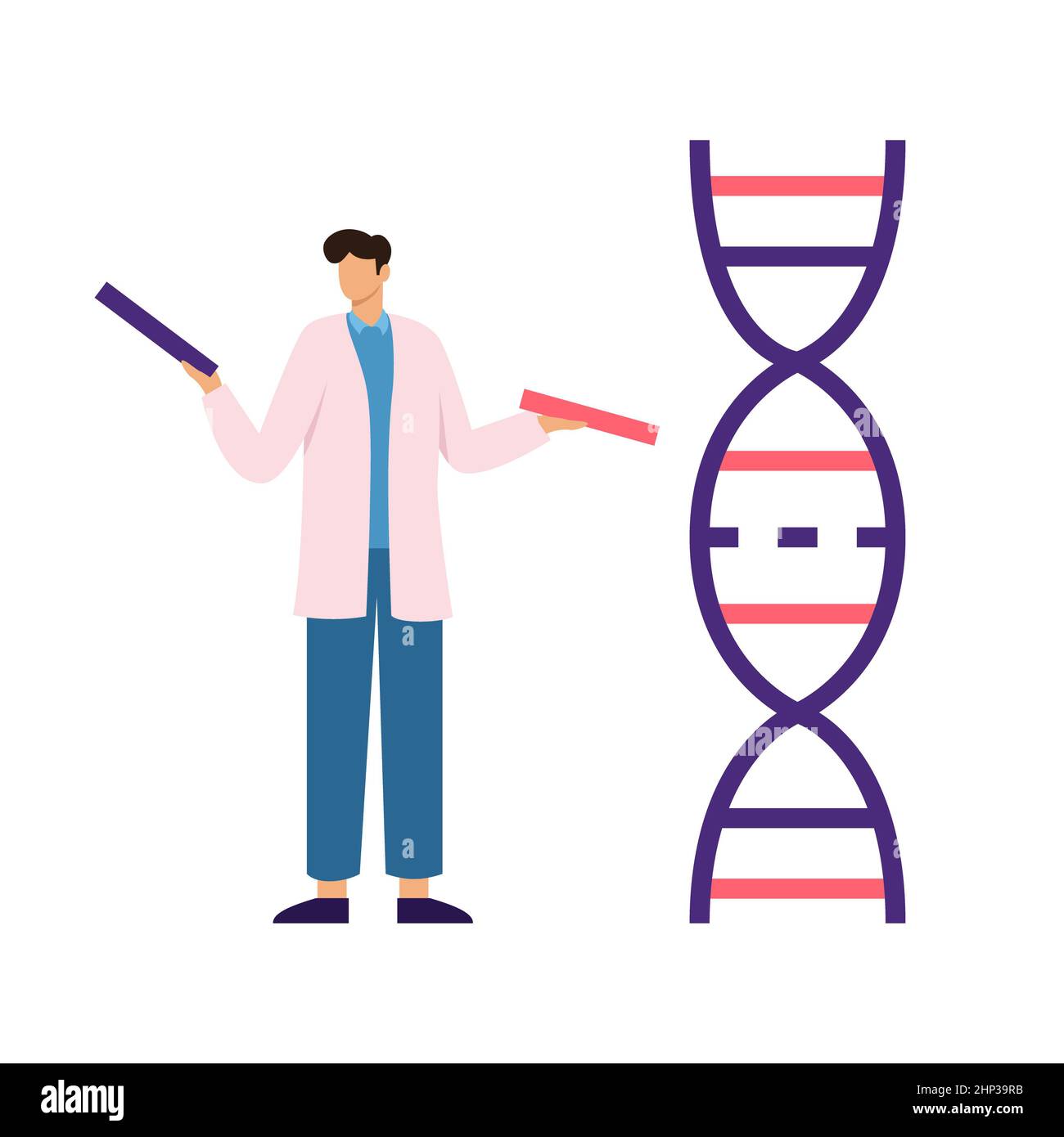 Man scientist in white coat holding pieces of DNA in his hands, trying ...