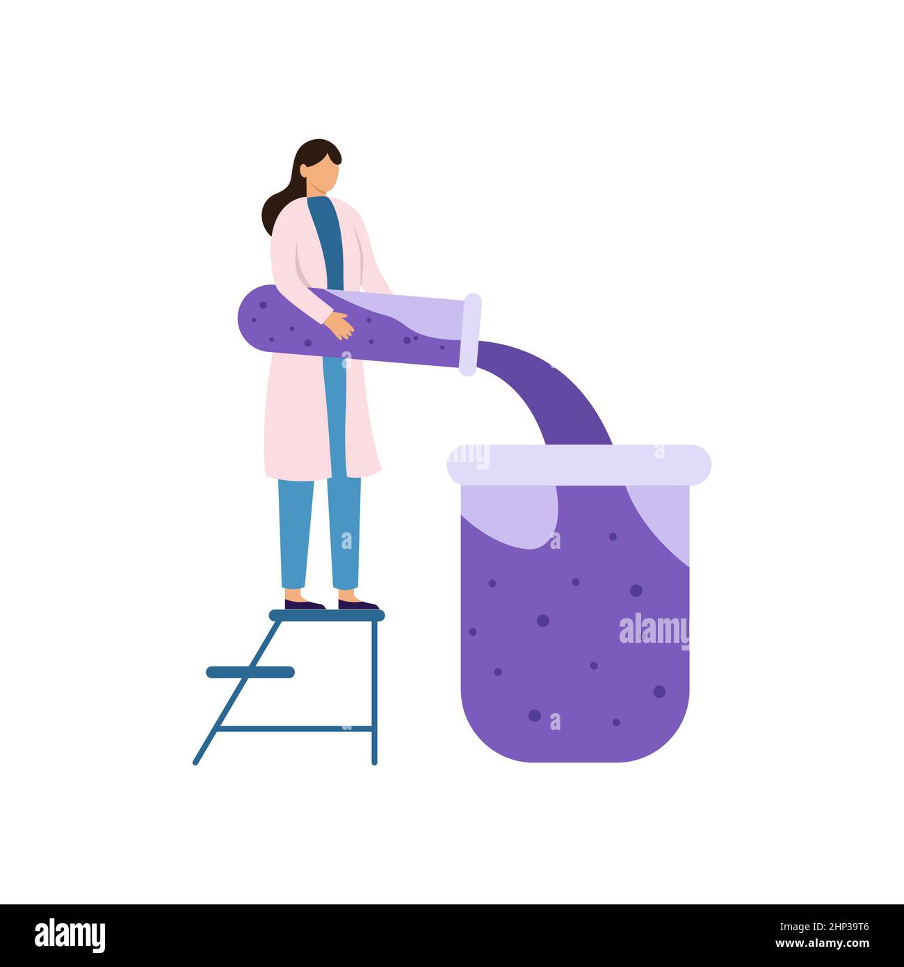 Woman scientist pours the liquid test tube into large flask. Reaction ...