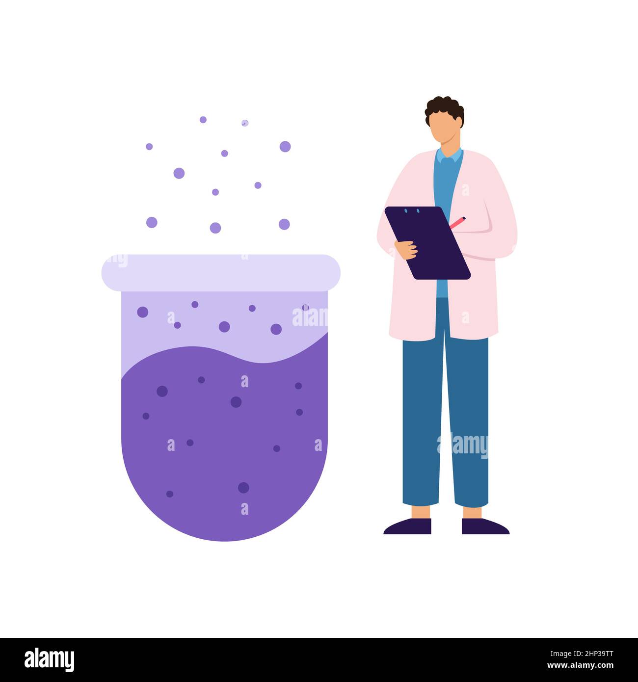 Man scientist observing a chemical reaction. Test tube liquid is ...