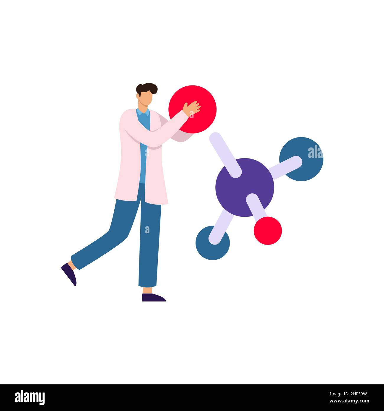 Male scientist holds an atom and attaches it to a molecule. Science lab ...