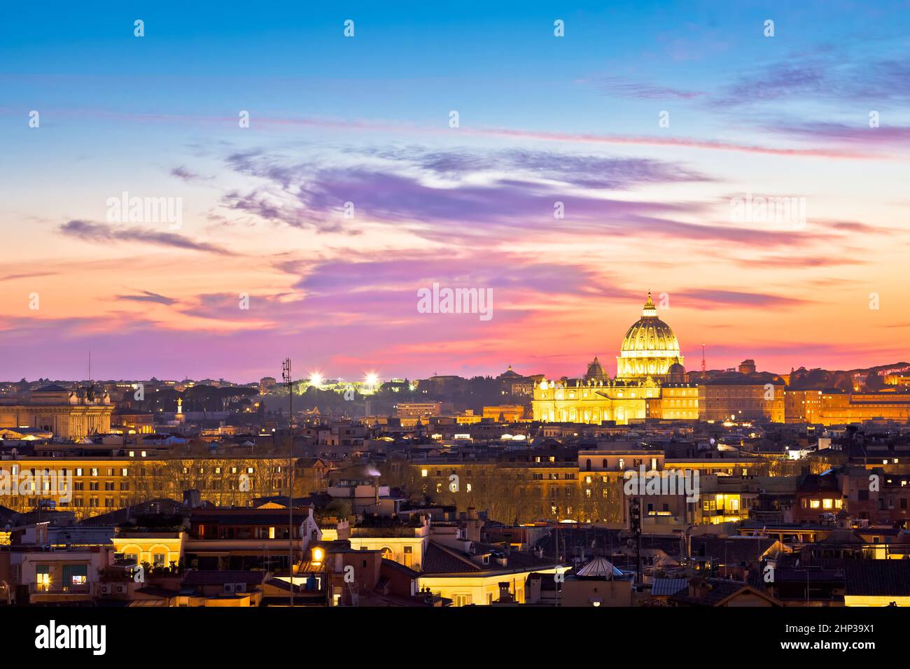 Vatican sunset. Colorful dusk view of Rome and Vatican rooftops and ...