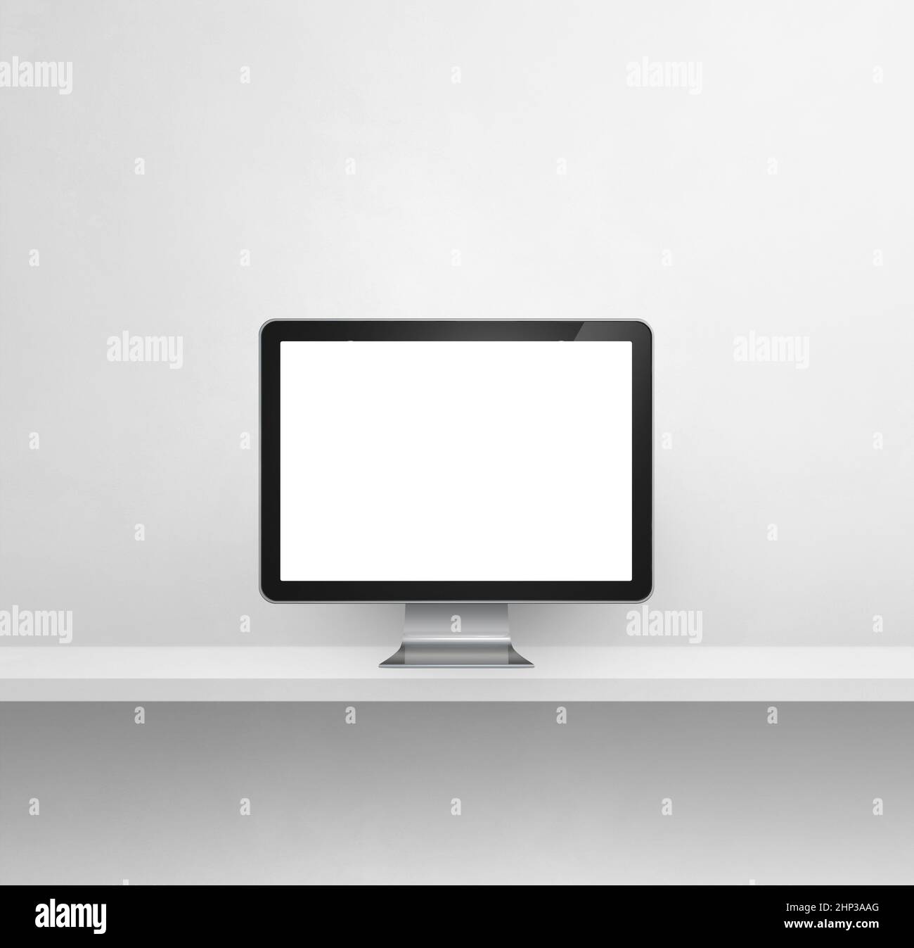 Computer pc - white concrete wall shelf background. 3D Illustration ...