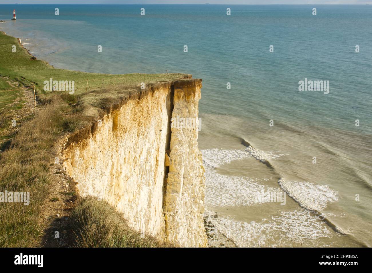 Chalk cliffs at Beachy Head on the South Downs near Eastbourne in East ...