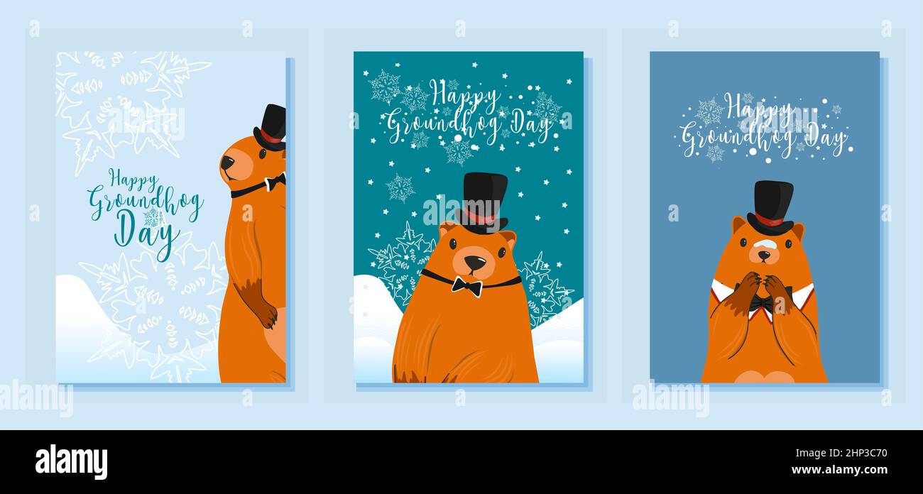 Happy Marmot Day. Set of postcards Babak casts a shadow. Text lettering ...