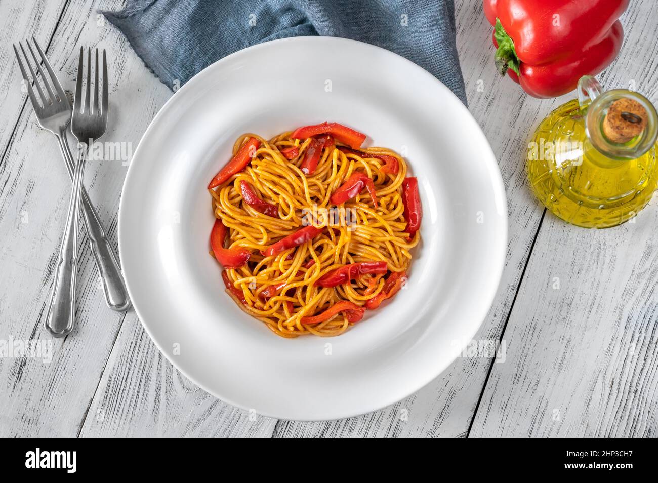 Roasted Red Pepper Spaghetti Pasta On The Plate Stock Photo - Alamy