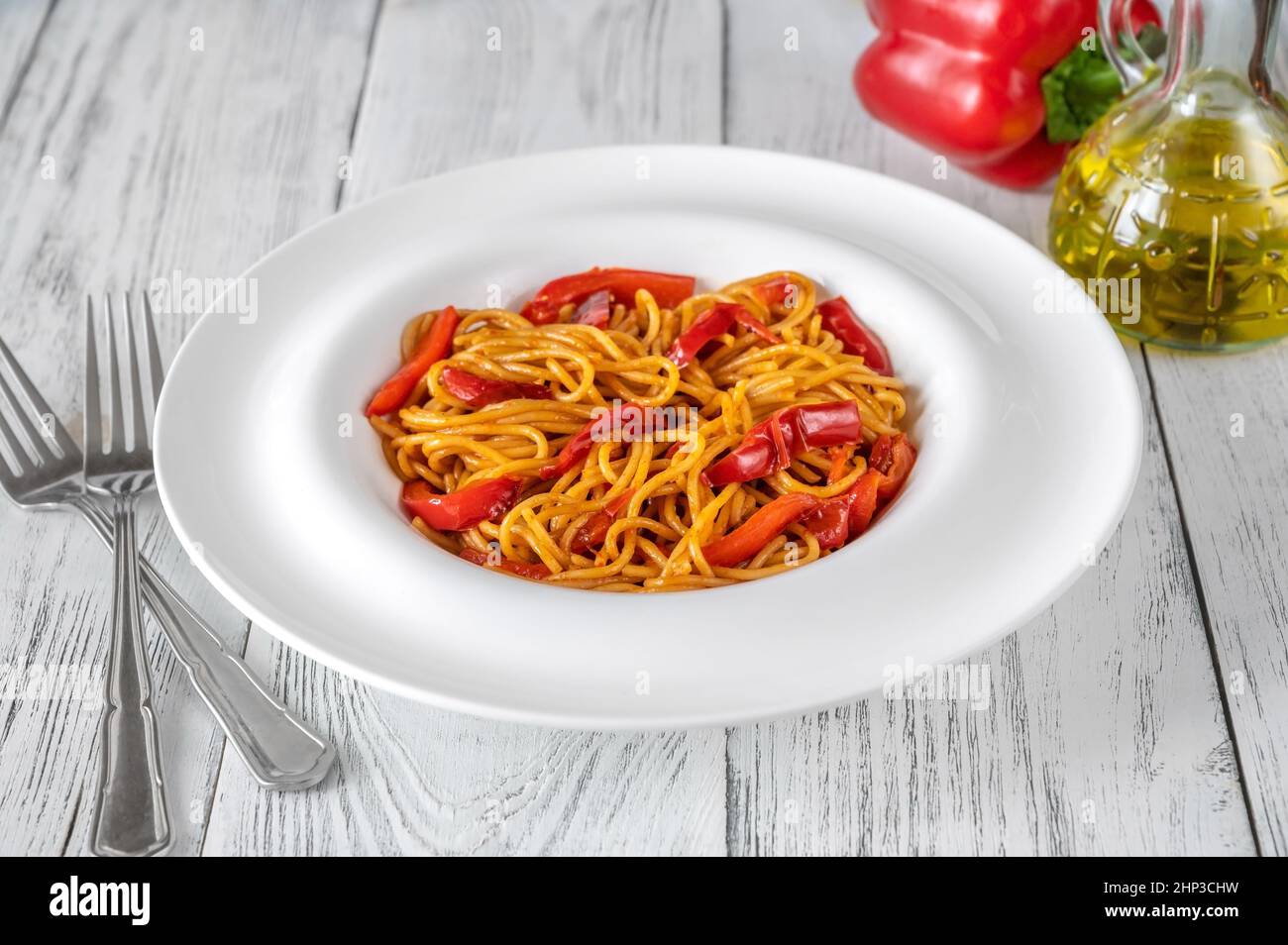 Roasted Red Pepper Spaghetti Pasta On The Plate Stock Photo - Alamy