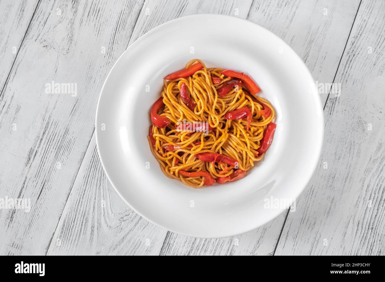 Roasted Red Pepper Spaghetti Pasta On The Plate Stock Photo - Alamy