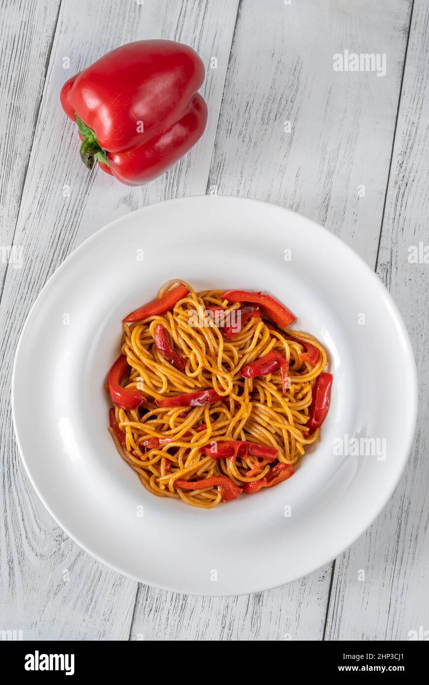 Roasted Red Pepper Spaghetti Pasta On The Plate Stock Photo - Alamy