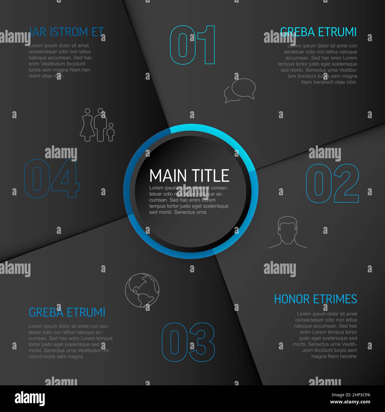Abstract schema template with four sections steps on dark gray ...
