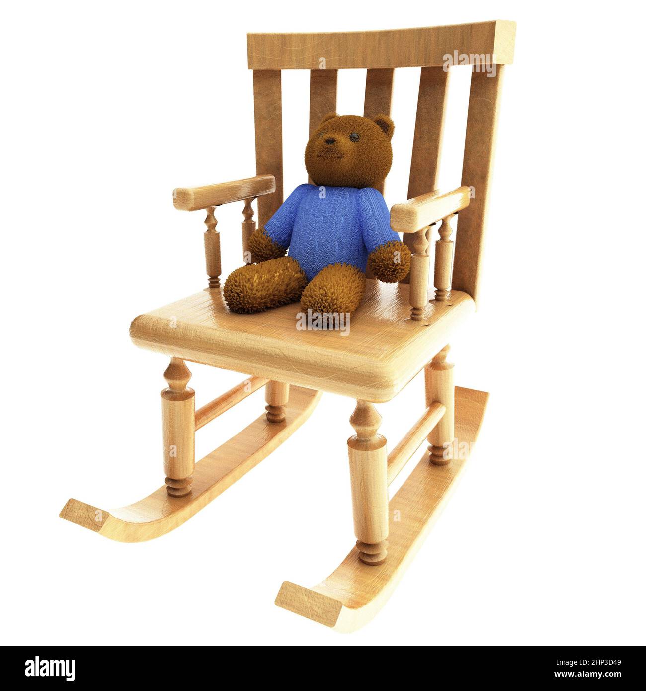 Toy bear sitting on a rocking chair, 3d rendering isolated over white ...