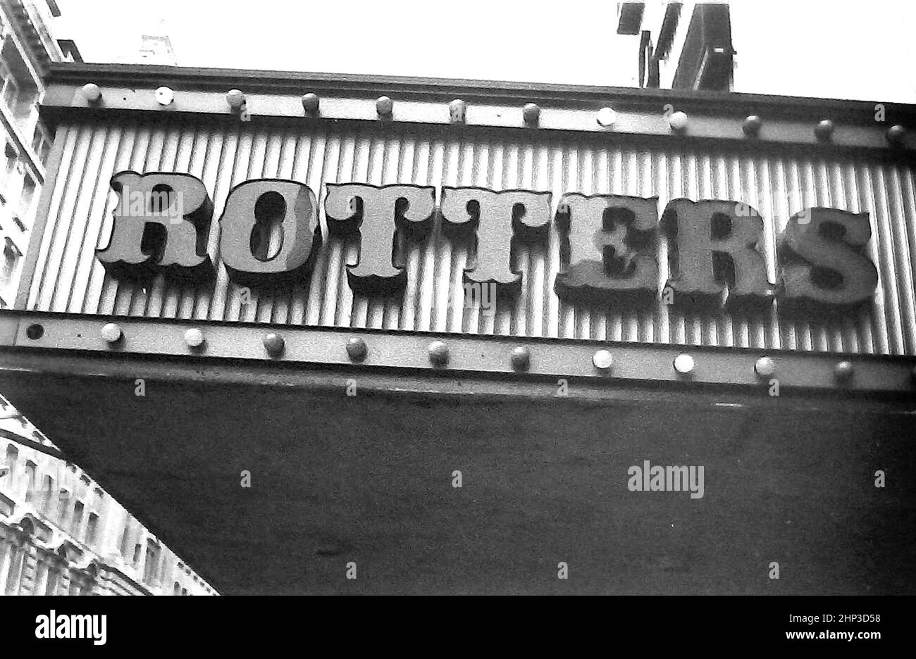 Exterior sign at Rotters Night Club, Oxford Road, Manchester, in ...