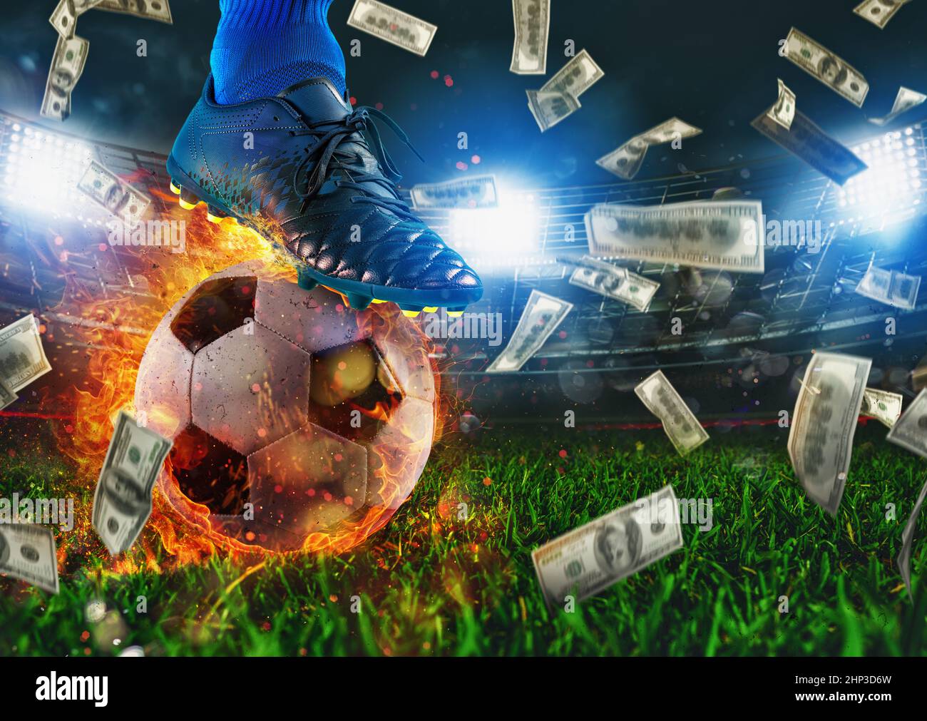 Soccer player with a fiery ball and falling money in stadium Stock ...