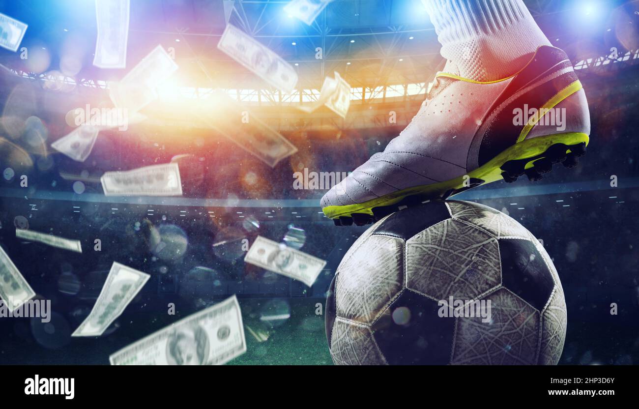 Soccer player in stadium with falling money of bettors Stock Photo - Alamy