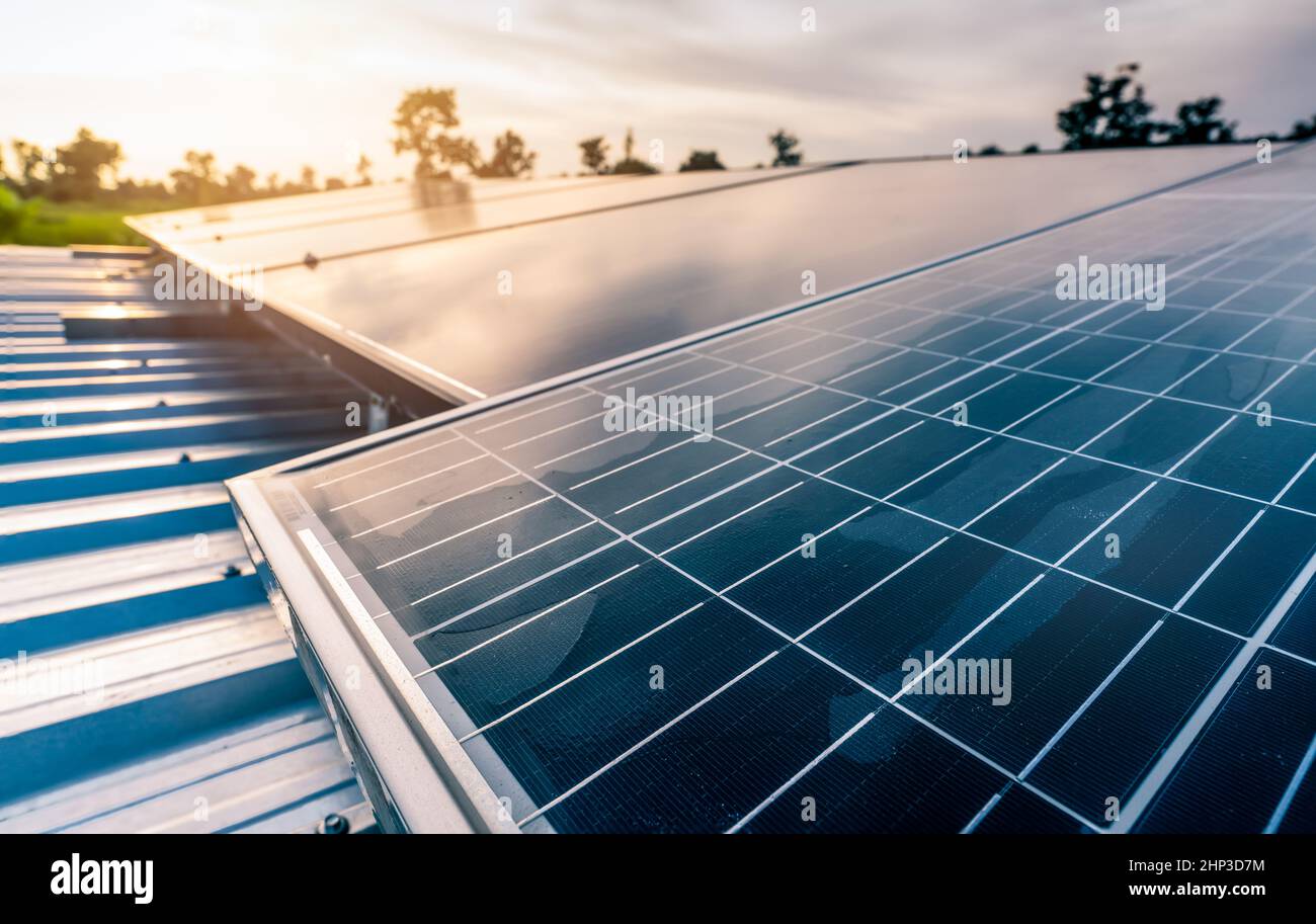 Selective focus on solar panel or photovoltaic module with sunset sky ...