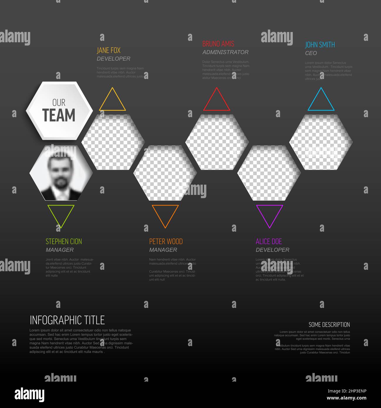 Company team members dark color hexagon mosaic presentation template ...