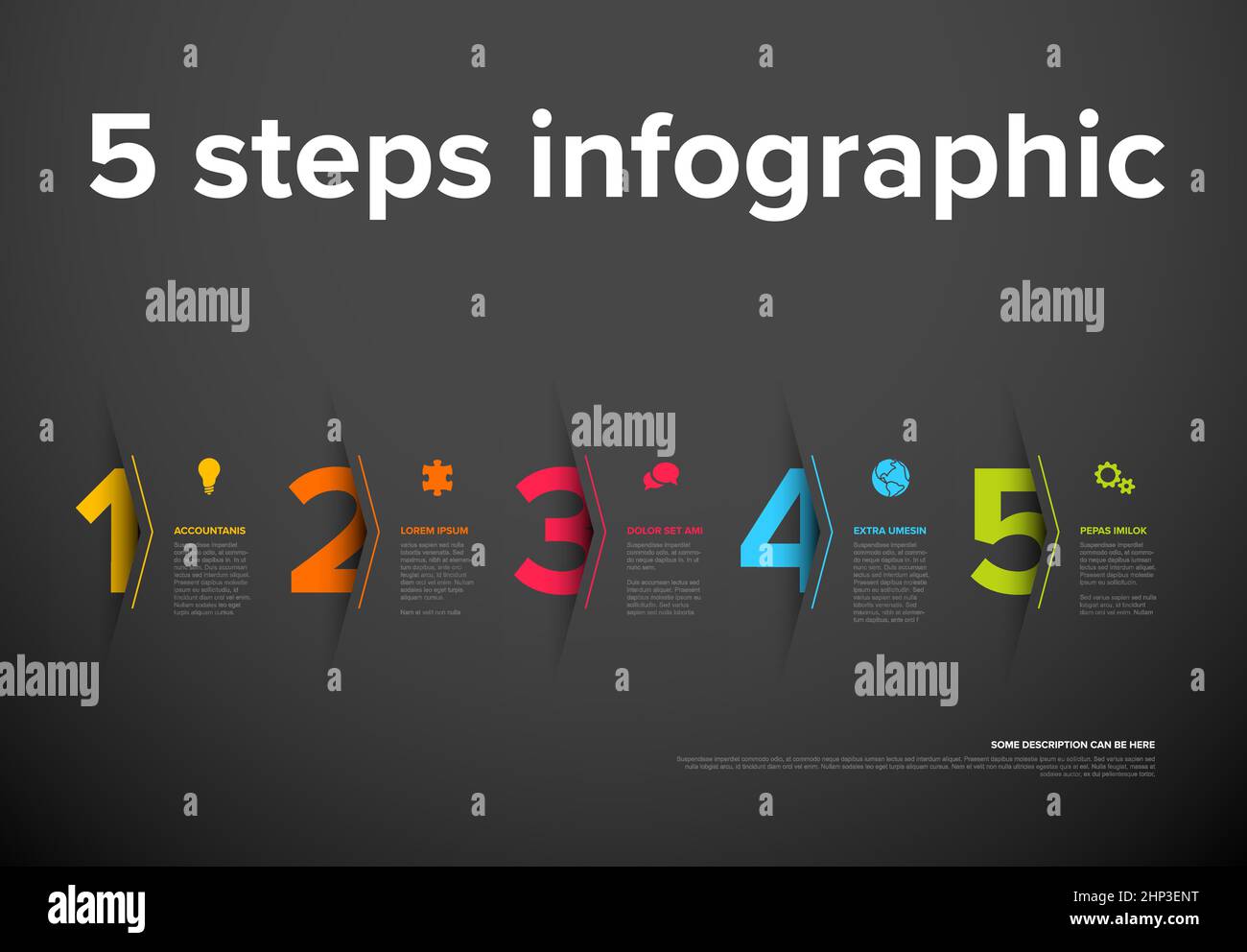 Vector dark five steps progress template with big arrows and numbers ...