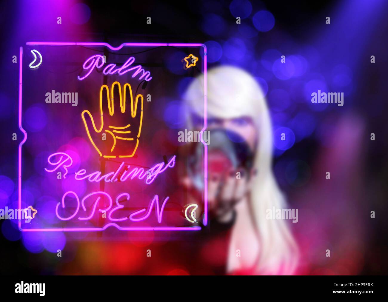 Psychic with Blond hair and Crystal Ball. Vintage Neon Lights in ...