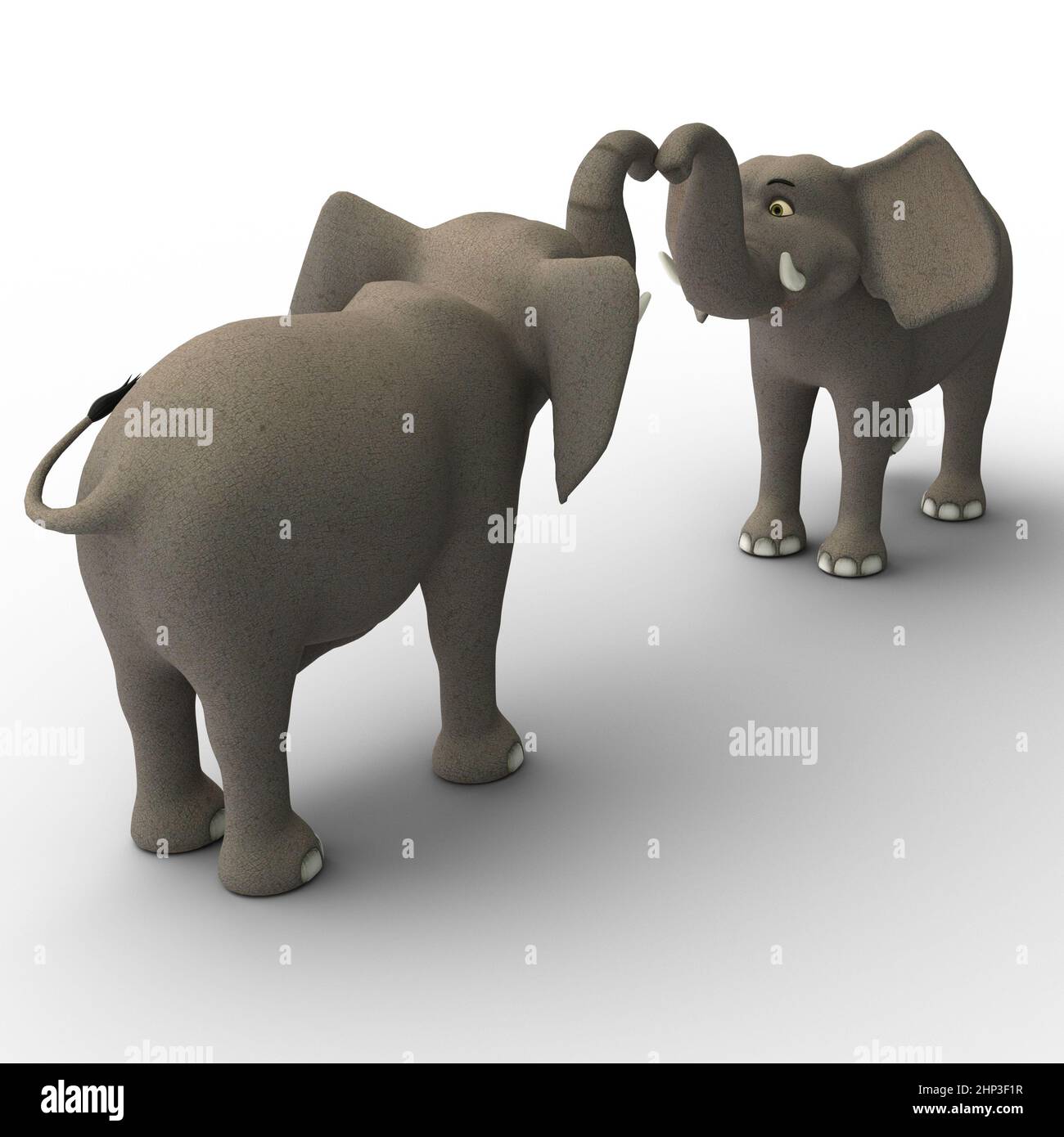 3D-illustration of a cute and funny adult cartoon elephants greeting ...