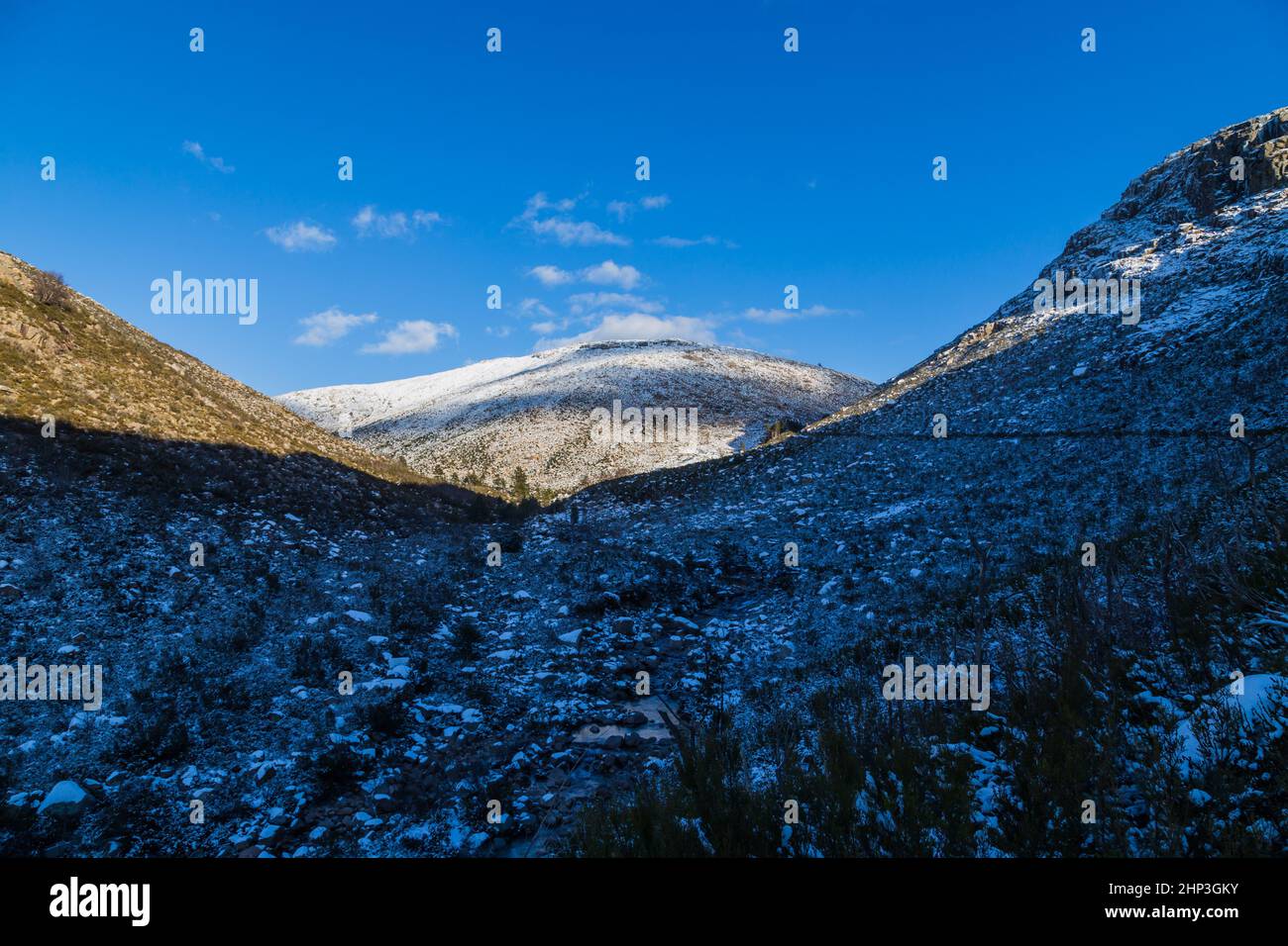 Winter landscape with snow in mountains of Serra do Geres natural park ...