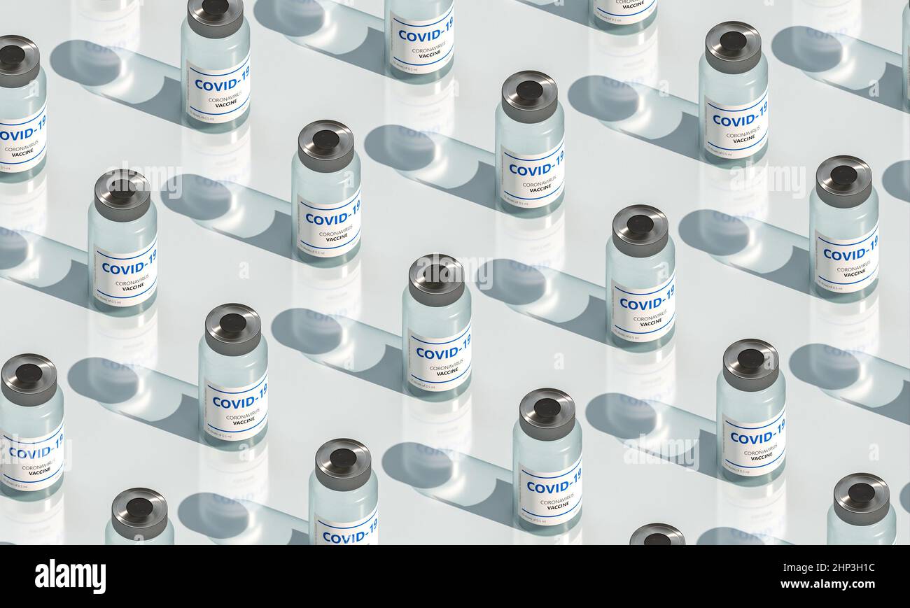 covid vaccine-19 flat lay style vials. 3d render Stock Photo - Alamy