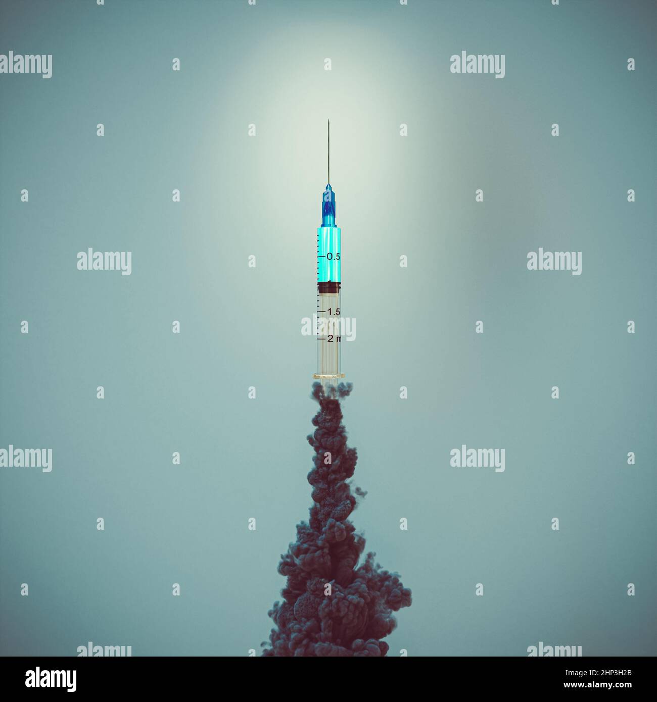 rocket syringe with smoke on light blue background. 3d render Stock ...
