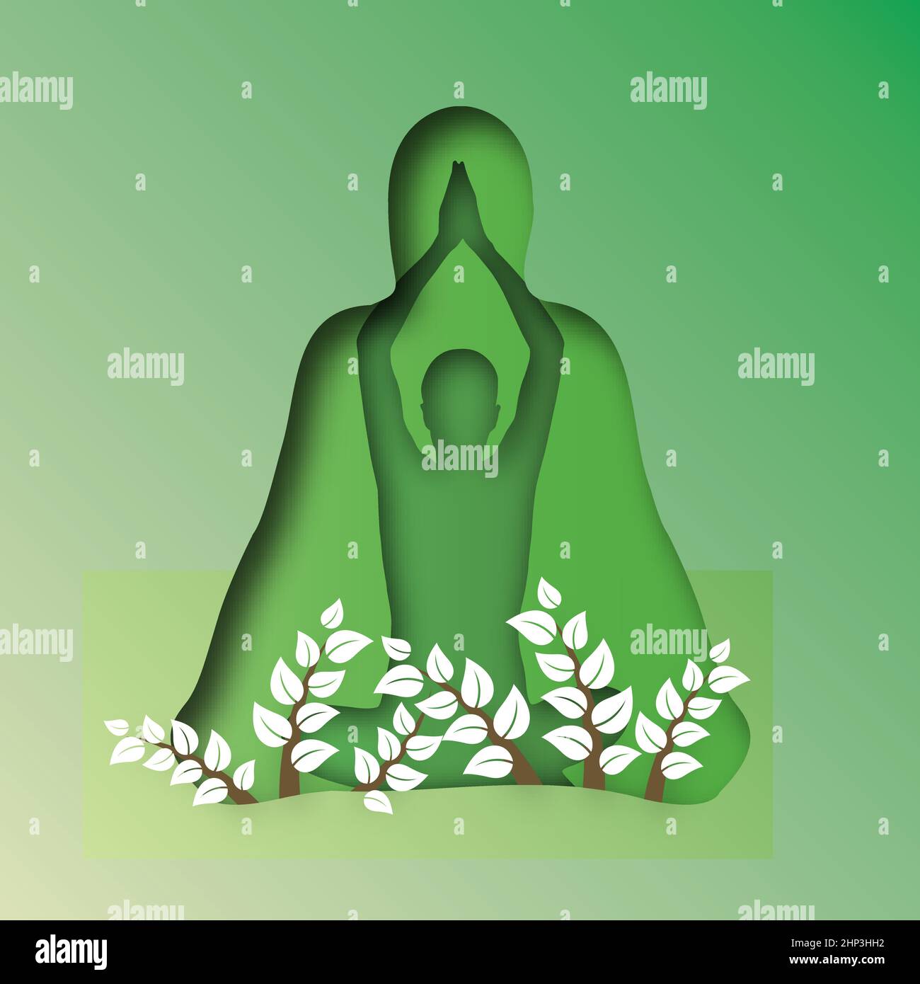 Yoga and meditation position in layered paper cut out effect in green ...