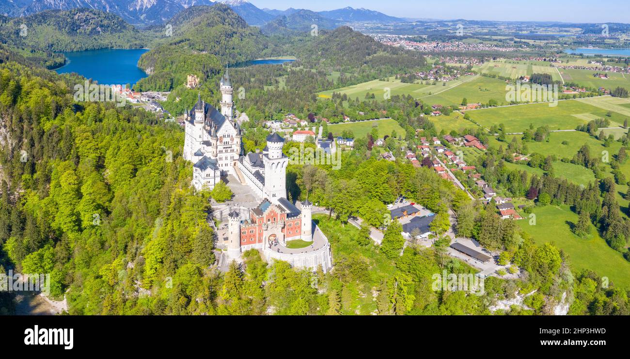 Schloss Neuschwanstein castle aerial view architecture Alps landscape Bavaria Germany travel ...