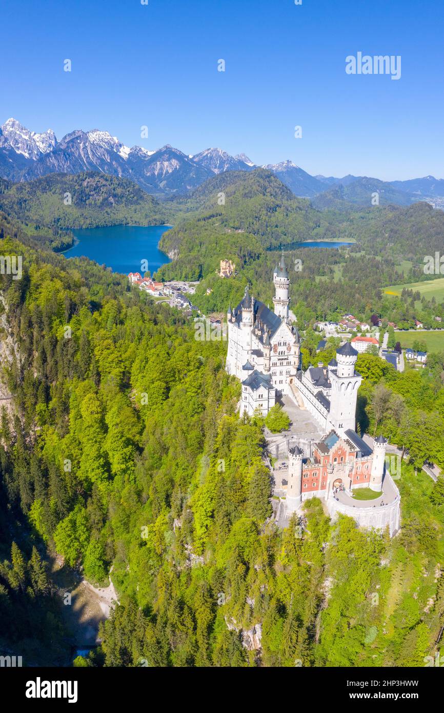 Schloss Neuschwanstein castle aerial view architecture Alps landscape Bavaria Germany travel ...