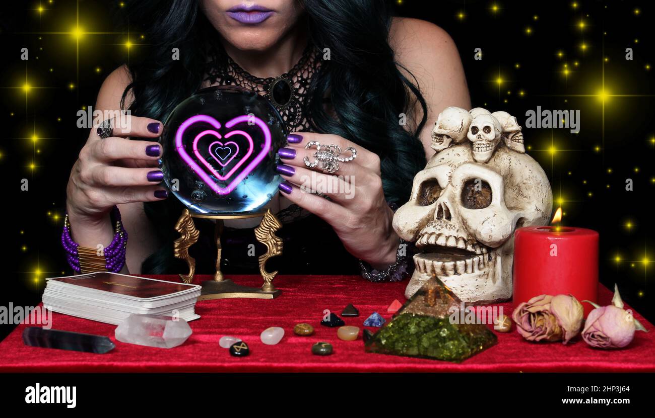 Female Psychic with crystal ball and tarot cards, Shallow DOF Stock ...