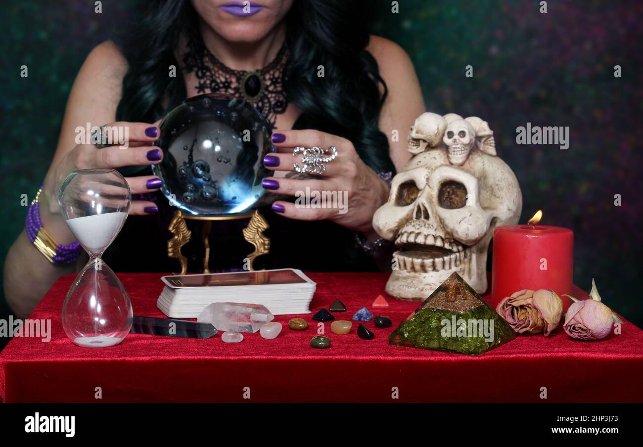 Psychic with Crystal Ball. and tarot cards on Galaxy Background Stock ...