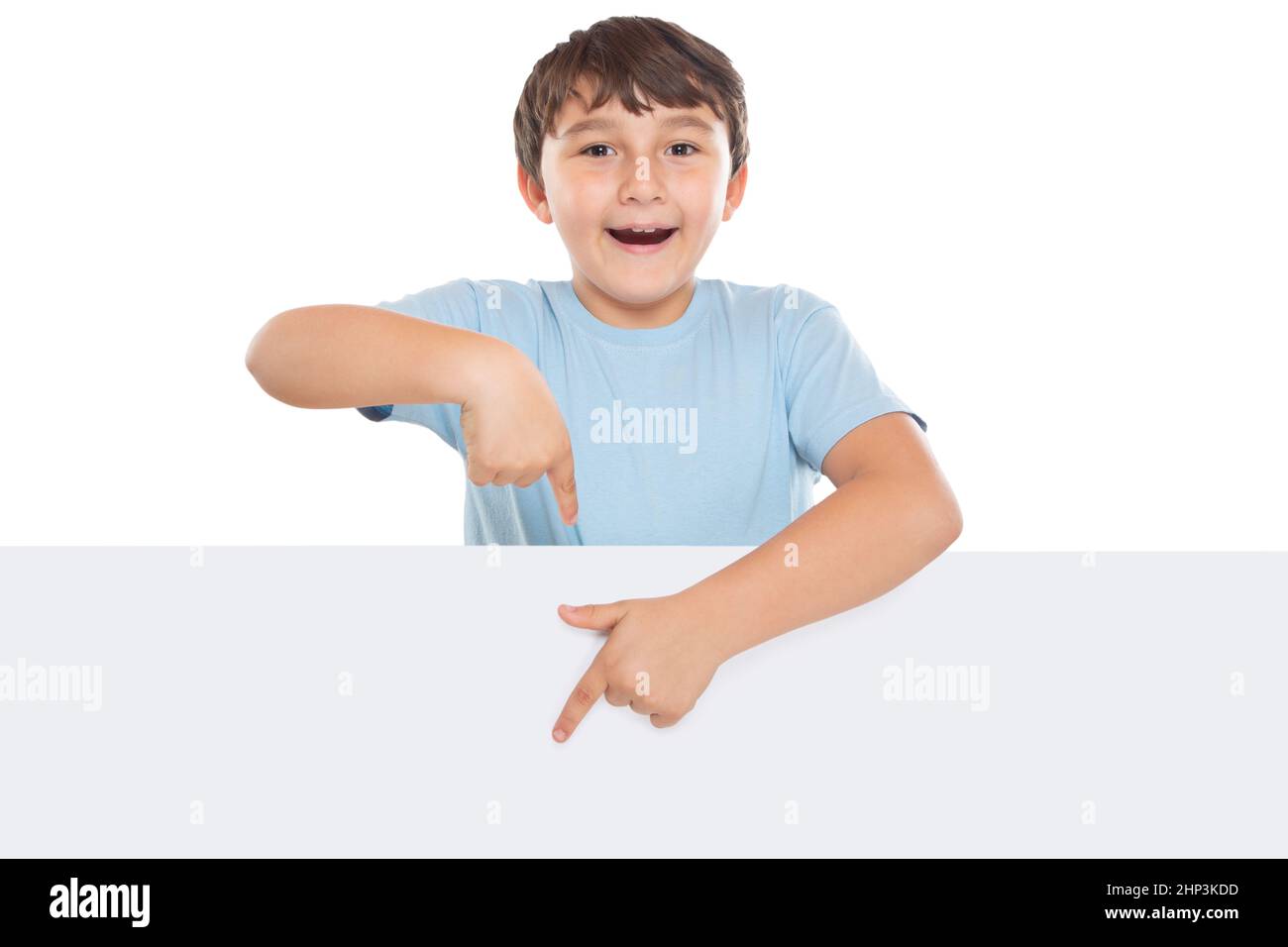 Child kid showing pointing on empty blank sign copyspace copy space ...